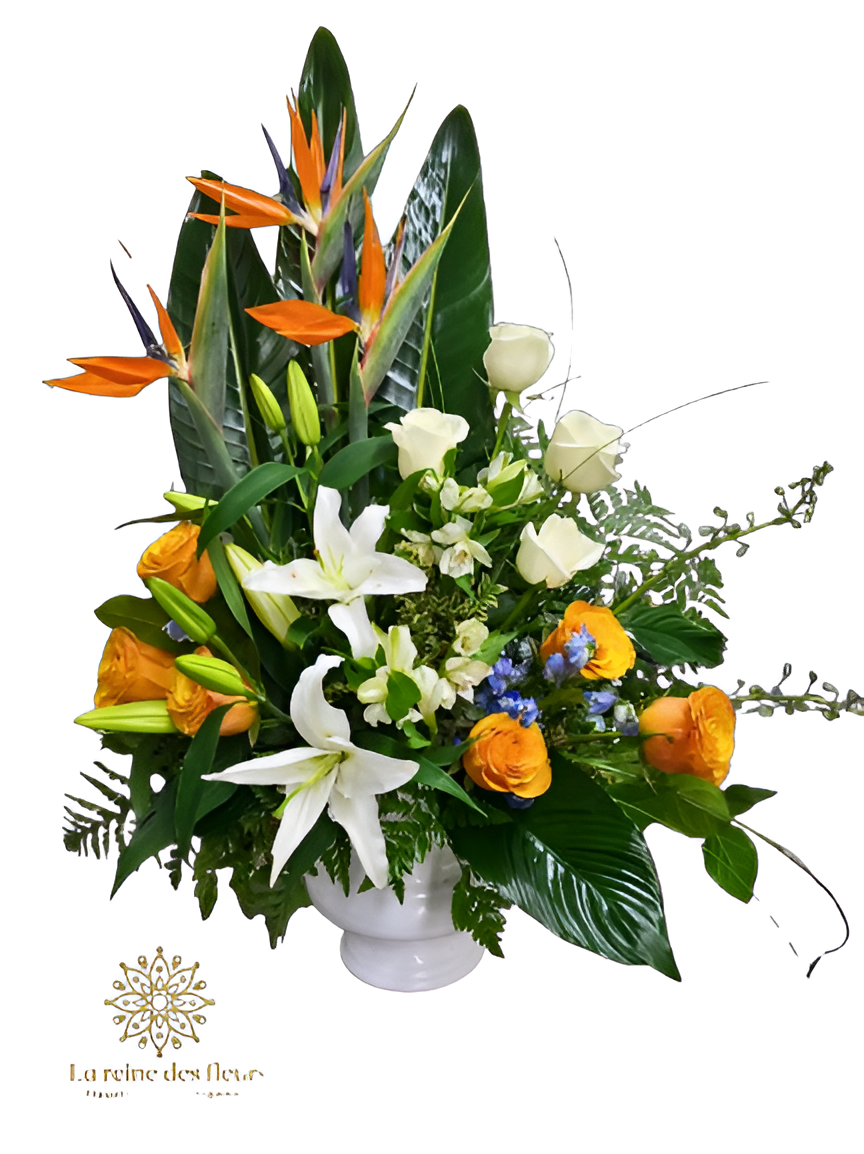 Gerbe Florale en Jaune et Blanc avec une Touche d’Exotisme – Éclat Sol ...
